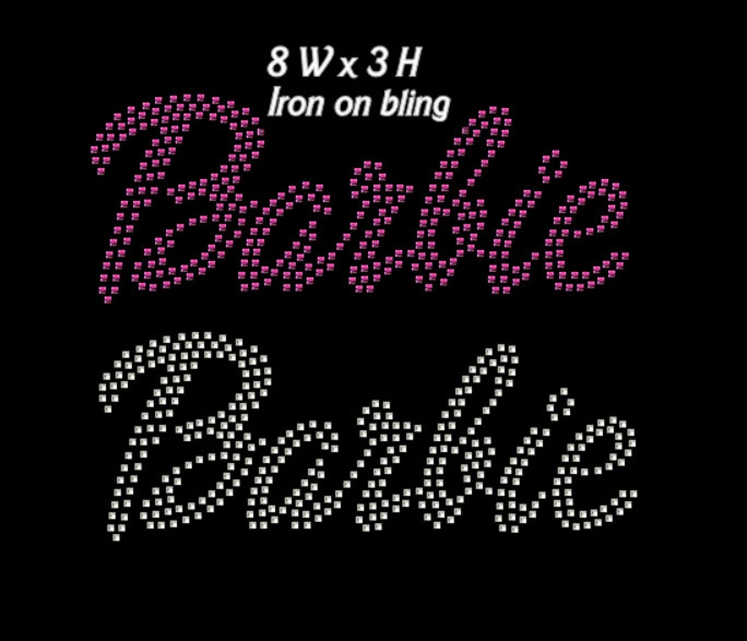 Barbie text Doll Name Iron on Rhinestone Decal, Barbie Word Iron on ...
