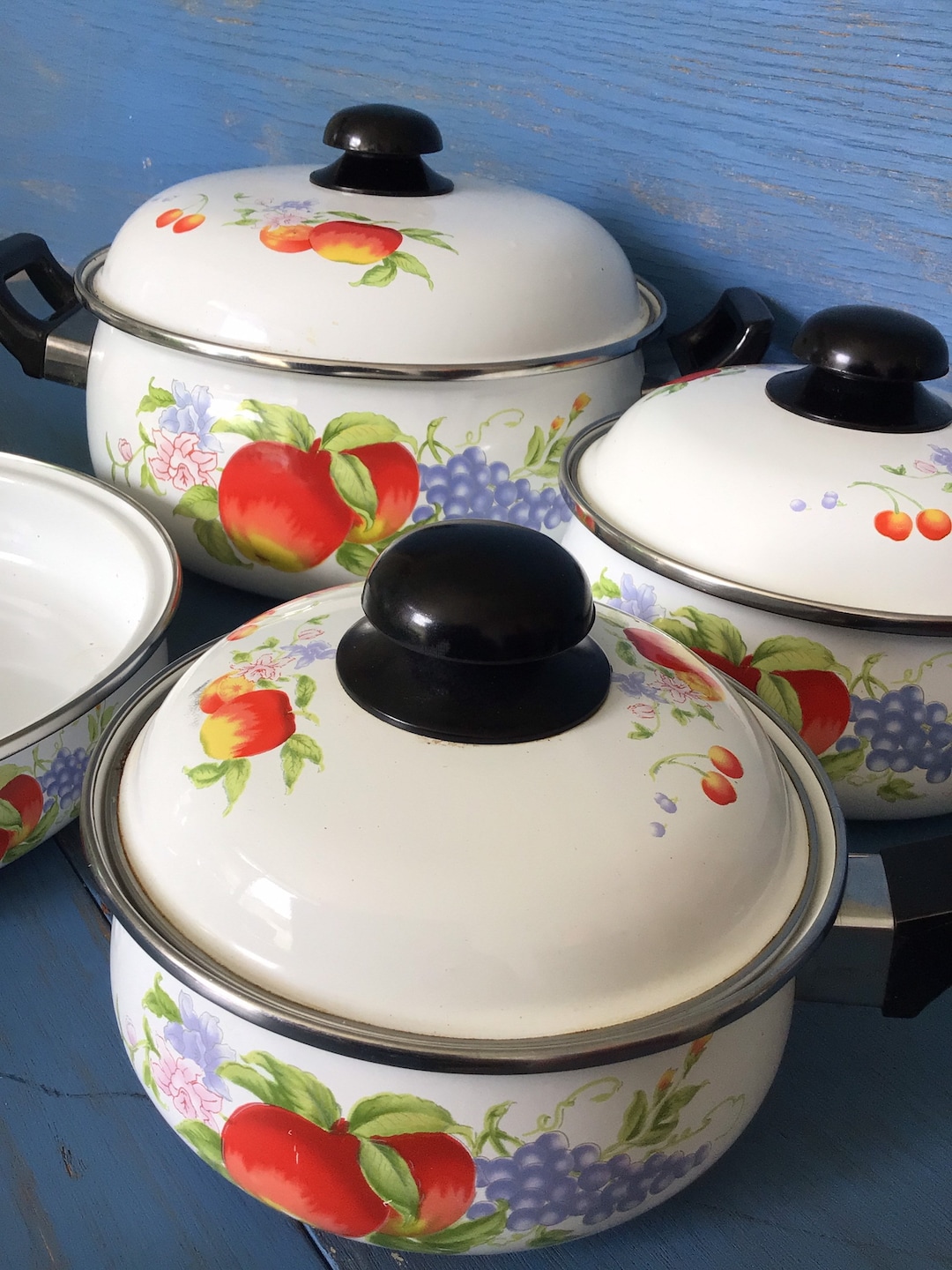 Mid Century Enamel Cookware Set, Floral Design, Vintage Pots and Pans ...