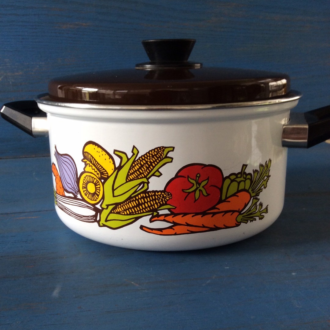 Enamel . Vintage Cookware Pot With Lid, Colorful Vegetable Design - Etsy
