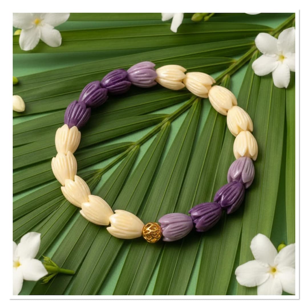 White and Purple Pikake Jasmine Bead Hawaiian Flower Stretch Bracelet ...