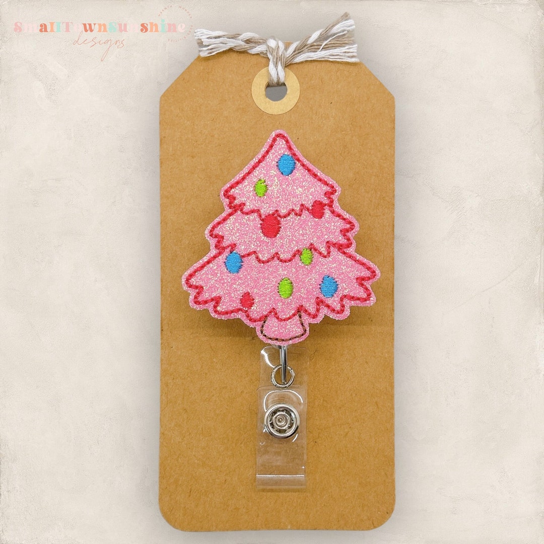 Pink Christmas Tree Badge Reel, Tree With Lights Name Tag, Nurse Badge ...