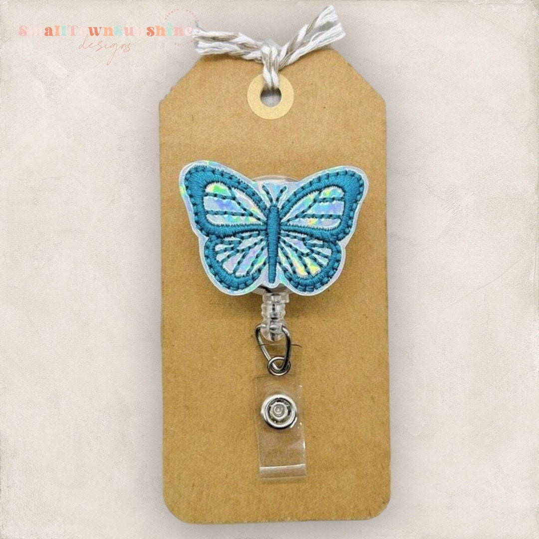 Teal Butterfly Badge Reel, Holographic Butterfly Badge Holder, Nurse ...