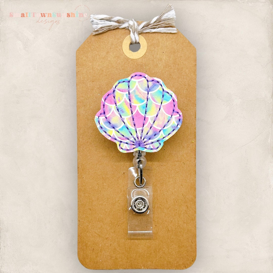 Mermaid Seashell Badge Reel, Beach Badge Clip, Retractable ID Badge ...
