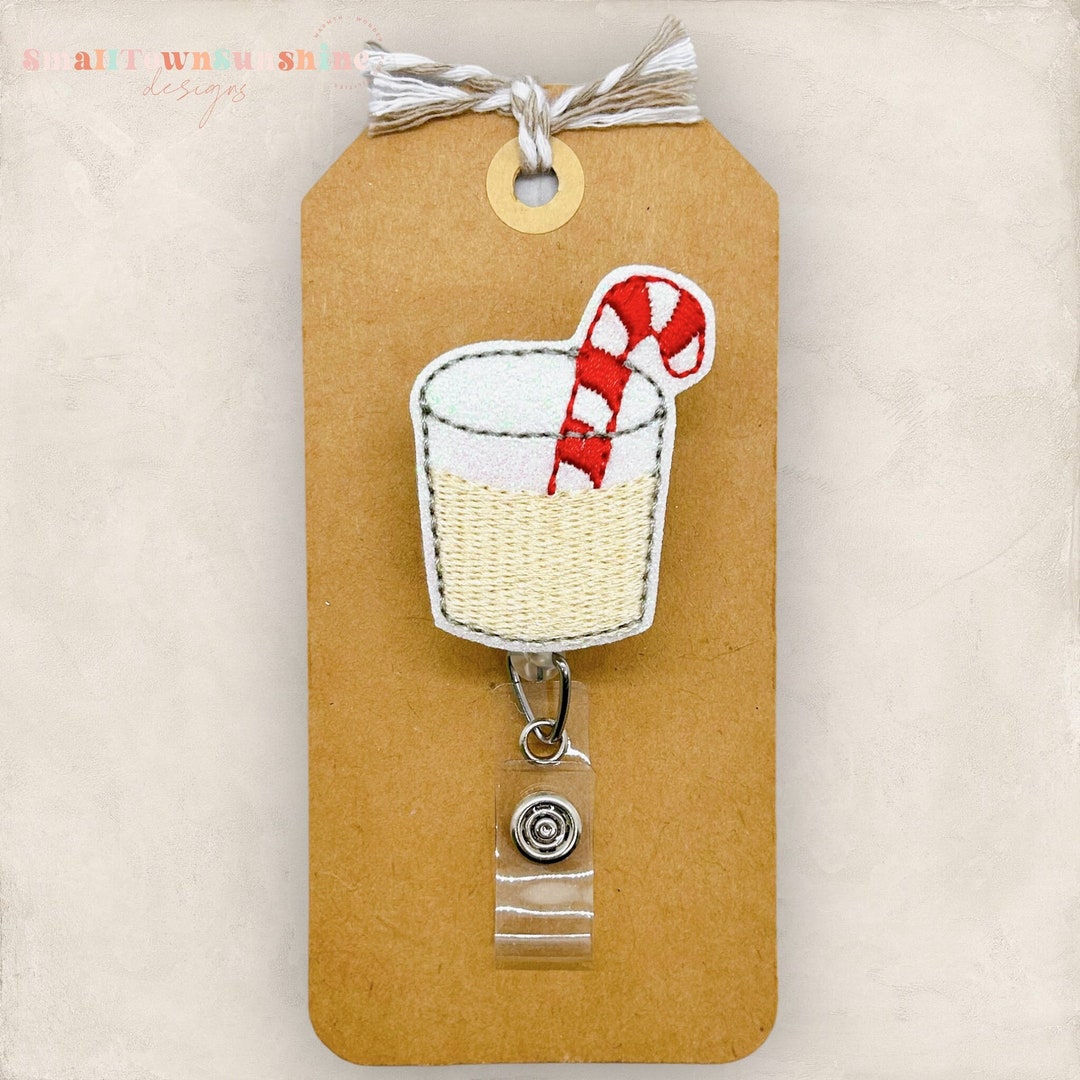 Eggnog With Candy Cane Badge Reel, Christmas Badge Reel, Nurse Badge ...