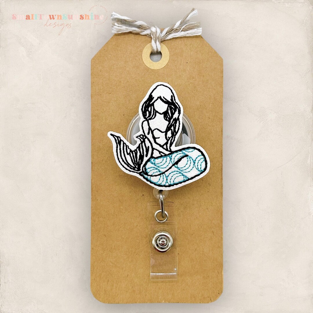 Mermaid Sketch Badge Reel, Pretty Mermaid Badge Holder, Teacher Lanyard ...