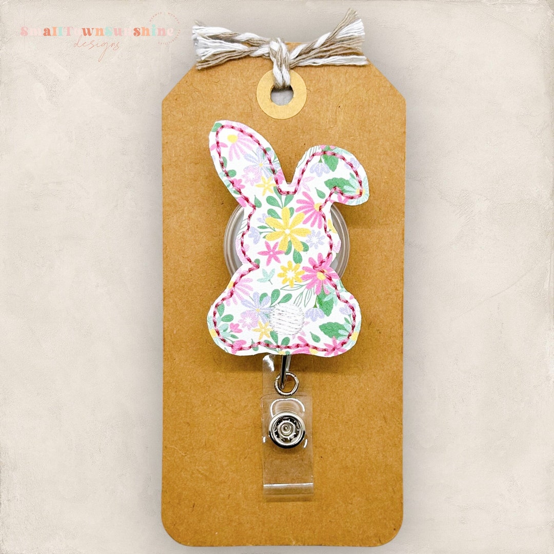 Pink Floral Bunny Badge Reel, Rabbit Badge Reel, Easter Badge, Nurse ...