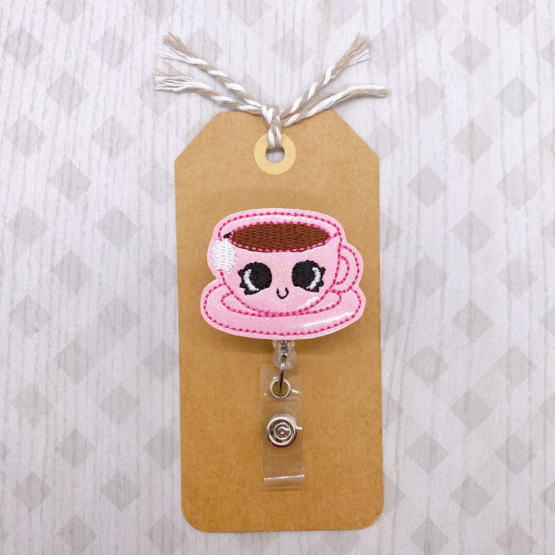 Pink Tea Cup Badge Reel, Tea Drinker Badge Clip, Kawaii Badge, Nurse ...