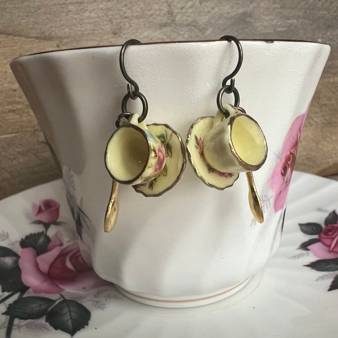Porcelain Tea Cup Earrings | Yellow Teacups With Flowers / Floral ...