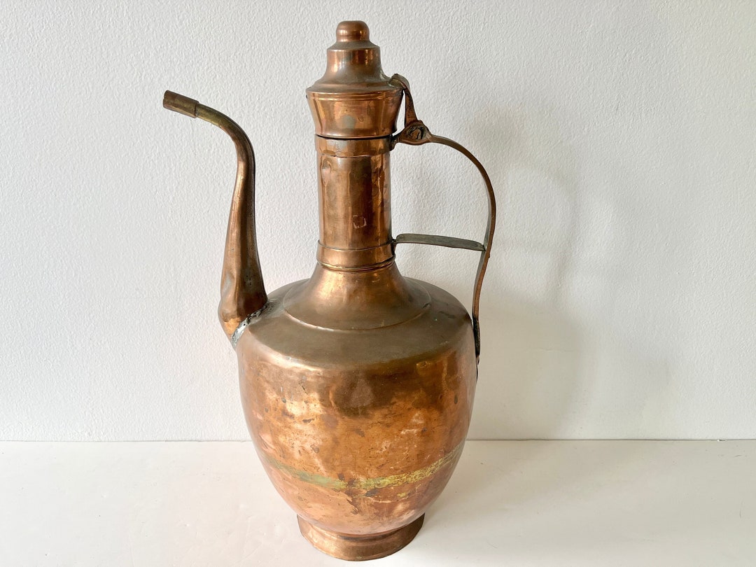 19th C. Large Solid Copper Ewer/jug With Hinged Lid - Antique Rustic ...