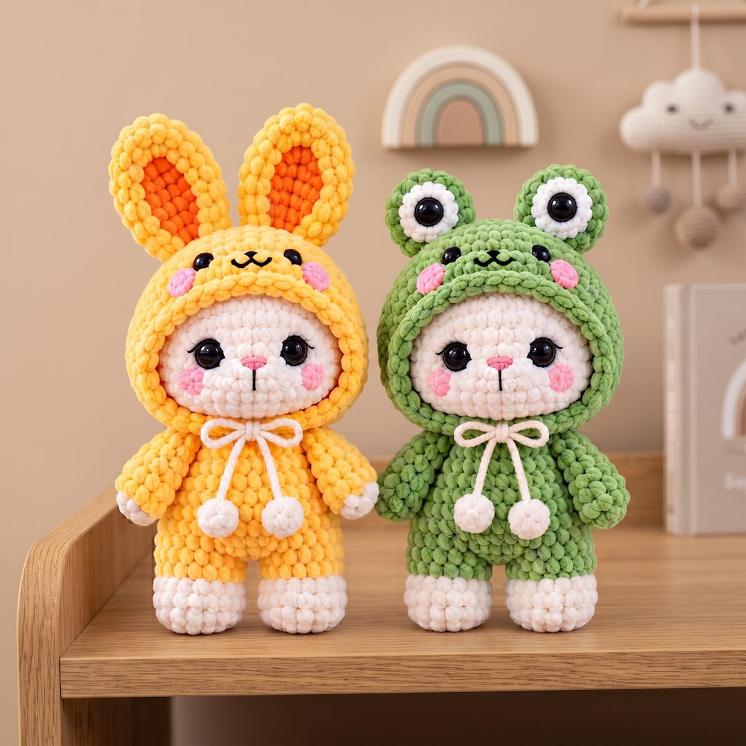 Bunny and Frog Crochet Pattern PDF, 2 Plush Costume Dolls, Chenille ...