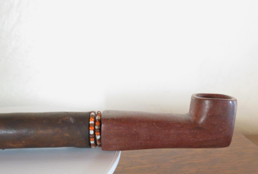 Hand Carved Catlinite Ceremonial Pipe With Beaded and Leather Wrapped ...