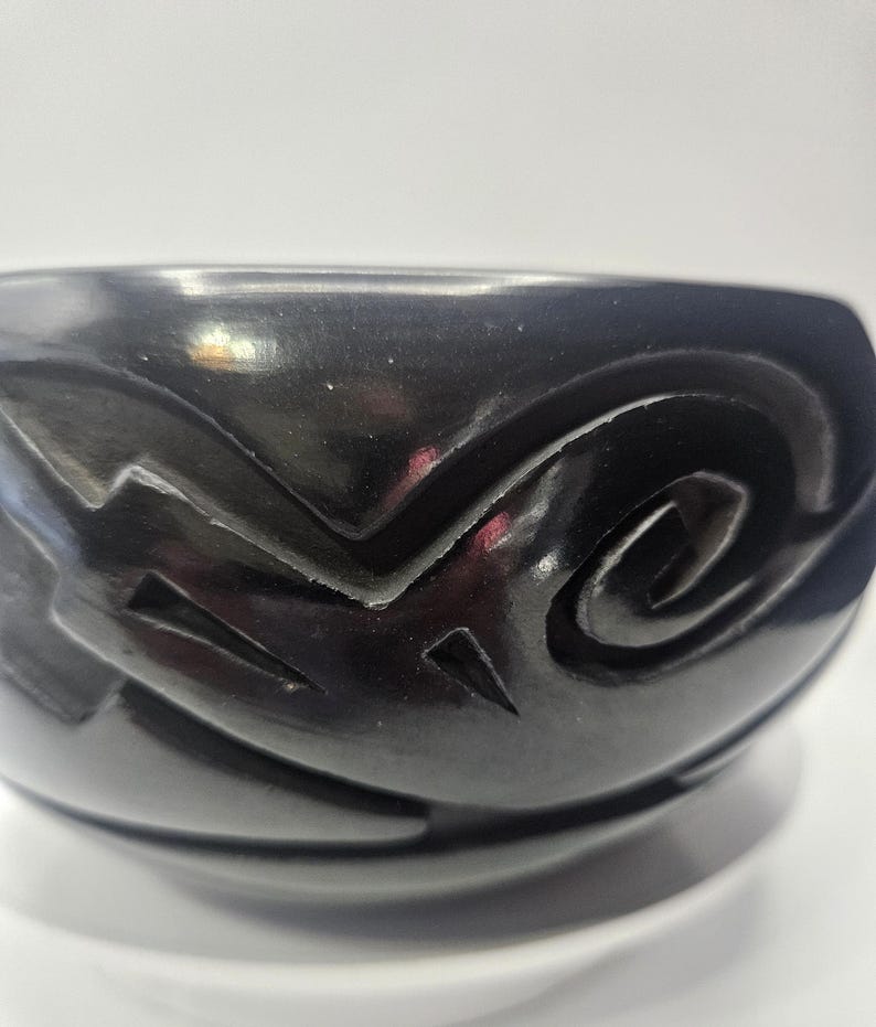 Santa Clara Pueblo Black Ware Pottery Bowl, Carved Avanyu Serpent ...