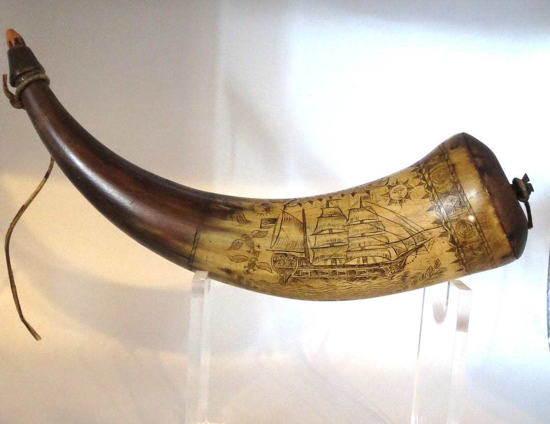 Scrimshawed Black Powder Horn, Dated to the Early 1800s, Featuring a ...