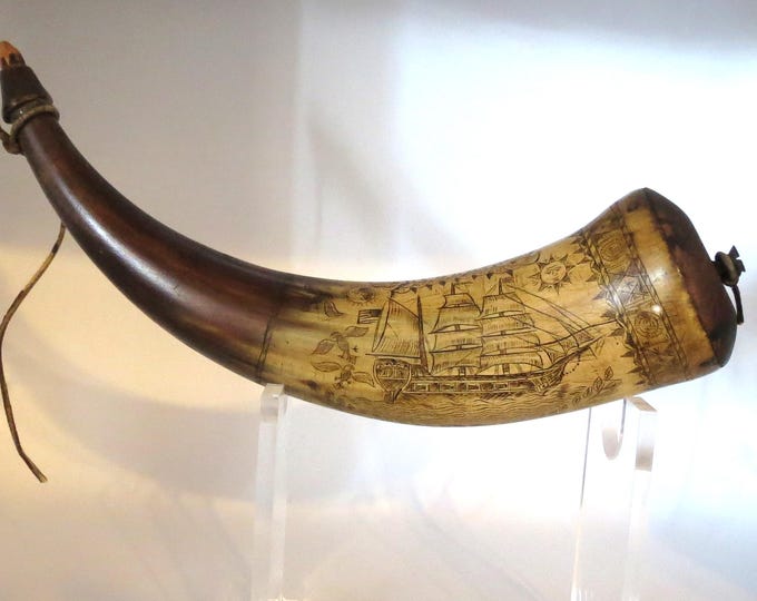 Scrimshawed Black Powder Horn, Dated to the Early 1800s, Featuring a ...
