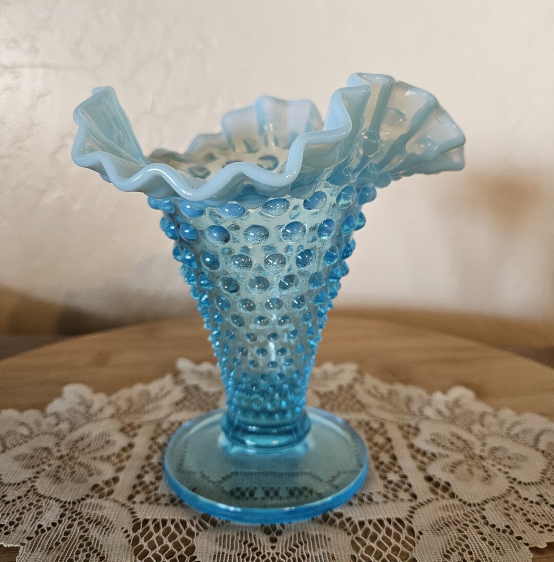 Hobnail Pattern Glass, Cone Shaped, Ruffled Opalescent Blue Vase ...