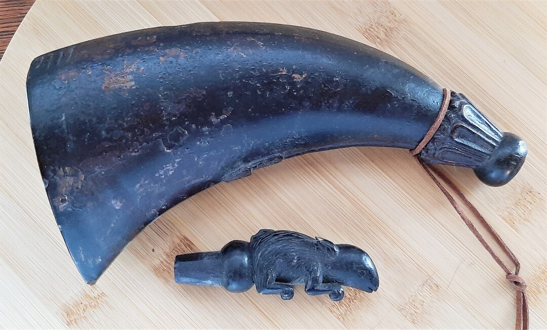 Black Powder Flask, Hand Carved Wood, Circa 1700's, American Colonial ...