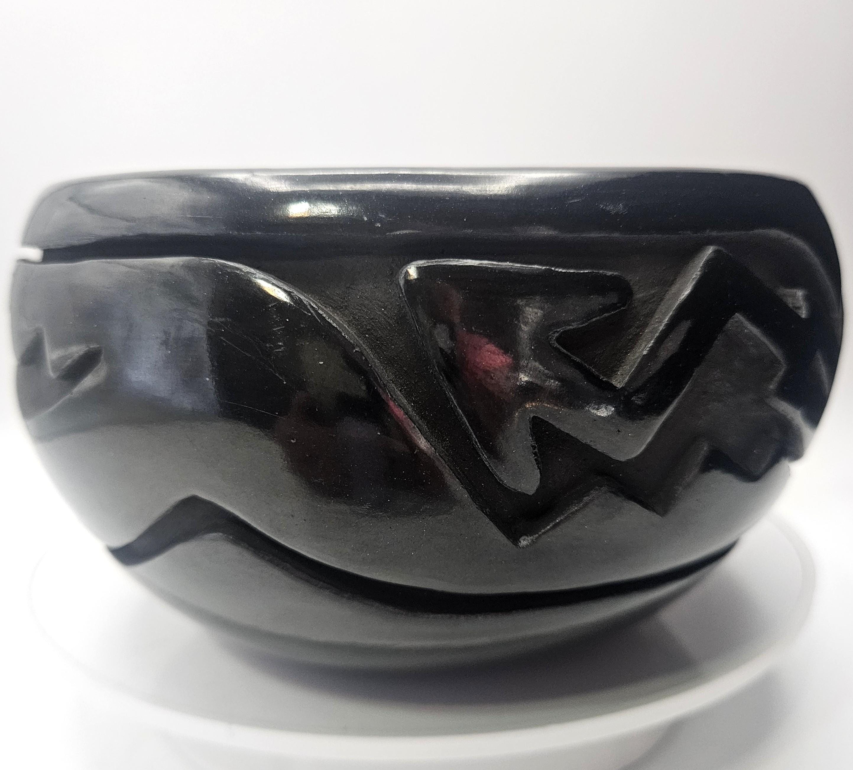 Santa Clara Pueblo Black Ware Pottery Bowl, Carved Avanyu Serpent ...