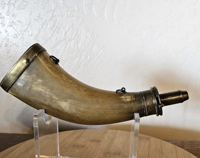 Flattened, Antique, Black Powder Horn With Brass End Cap, Hardware and ...