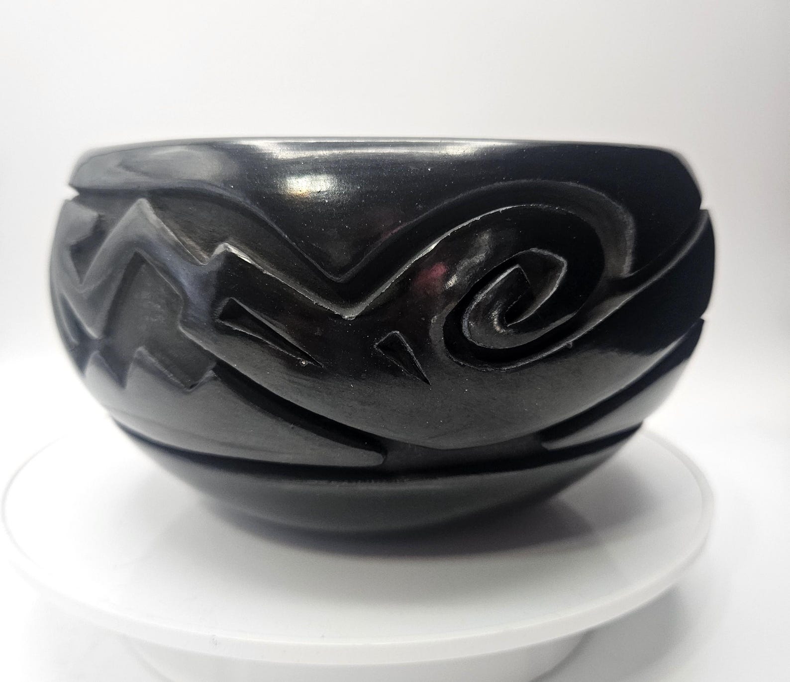 Santa Clara Pueblo Black Ware Pottery Bowl, Carved Avanyu Serpent ...