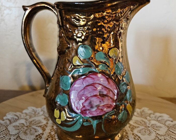 Copper Lusterware Pitcher With Hand Painted, Enameled Floral Design ...