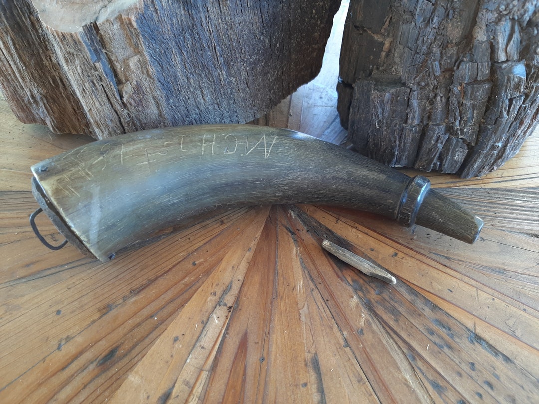 Black Powder Horn, Owner/carver Signed and Dated 1877, American ...