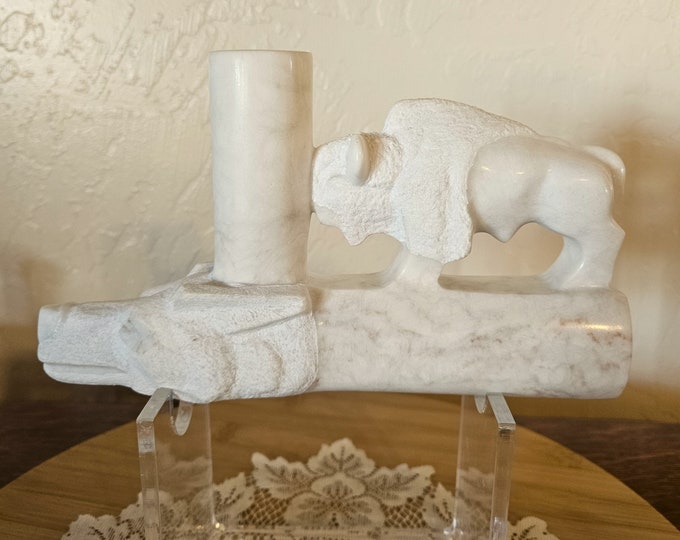 Hand Carved, Lakota White Alabaster, tȟatȟáŋka Buffalo and Wolf ...