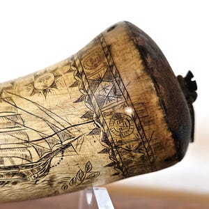 Scrimshawed Black Powder Horn, Dated to the Early 1800s, Featuring a ...