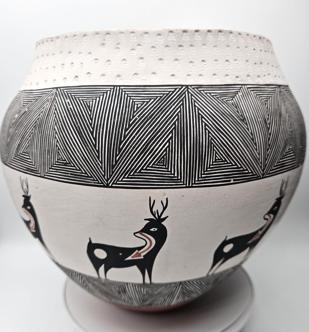 Vintage Acoma Pueblo Pot, Polychrome, Heartline Deer Motif, Signed ...
