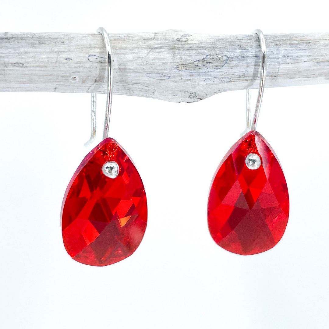 Red Sparkly Crystal Drop Earrings Simple Swarovski Earrings - Etsy