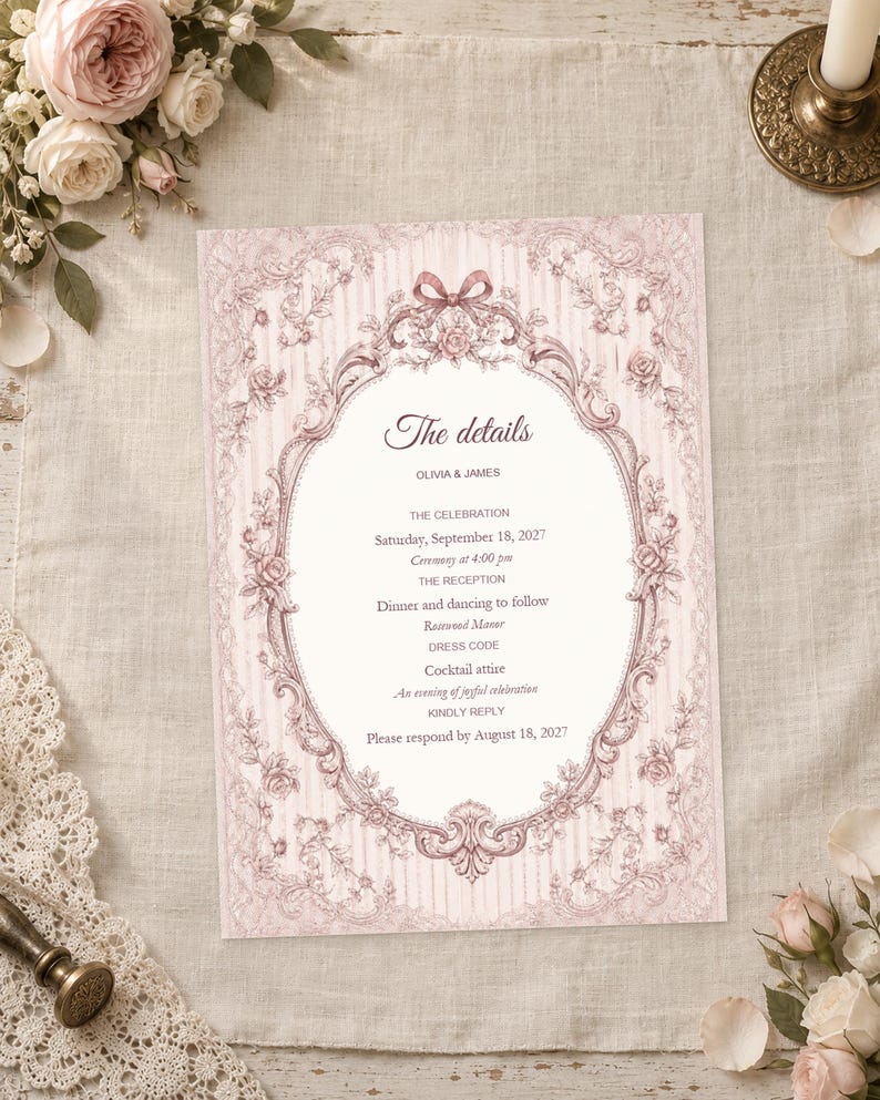 Coquette Wedding Invitation, Cherry Bow Canva Template, RSVP & Details ...