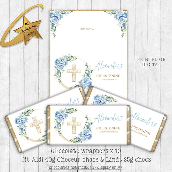 Blue floral christening / baptism personalised birthday party chocolate ...