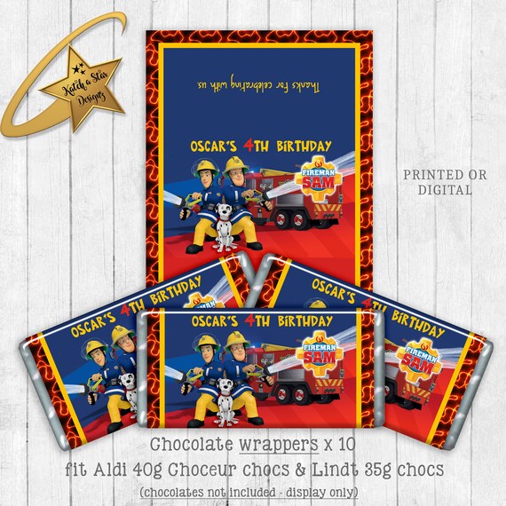 Fireman Sam personalised birthday party chocolate wrappers x 10 (or ...