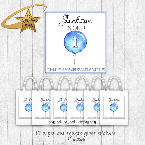 Blue balloon boys 1st (any) birthday personalised square gloss birthday ...