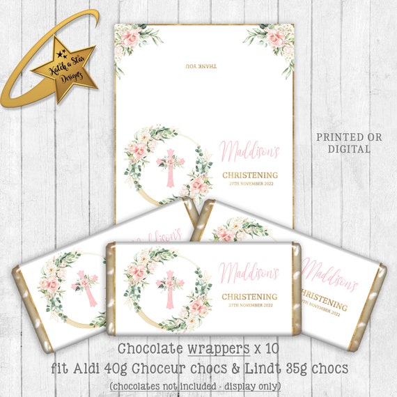 Pink floral christening / baptism personalised birthday party chocolate ...