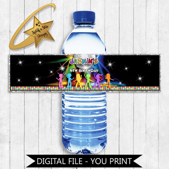 Disco / dance birthday party personalised digital water bottle labels ...