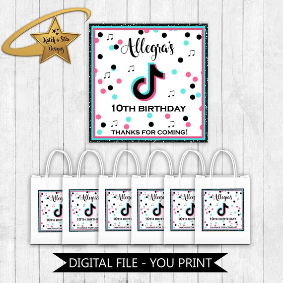 Tik Tok birthday party personalised digital square stickers/tags - you ...