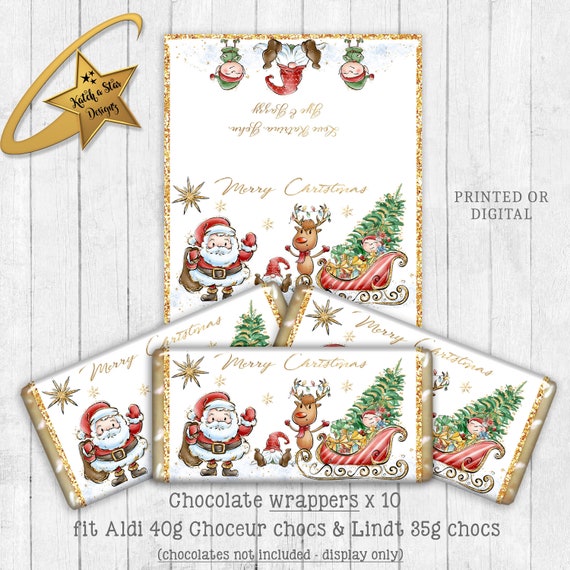 Santa Rudolph Sleigh Christmas Personalised Chocolate Wrappers X 10 printed By Me Or Digital Santa Rudolph Sleigh Christmas Personalised Chocolate Wrappers X 10 printed By Me Or Digital