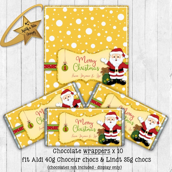 Santa yellow christmas personalised chocolate wrappers x 10 (printed by ...