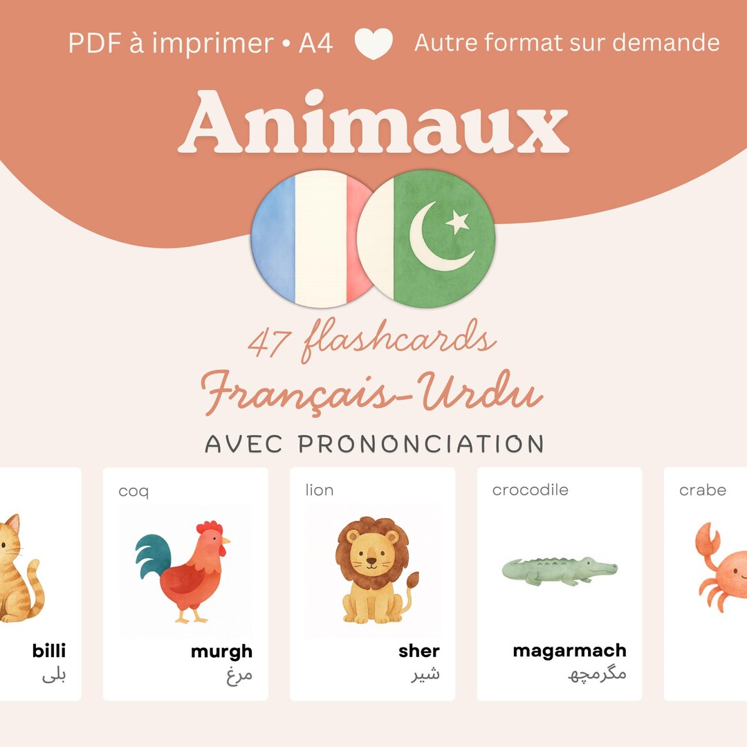 French Urdu Animals Flashcards – Bilingual Printable PDF With Phonics ...