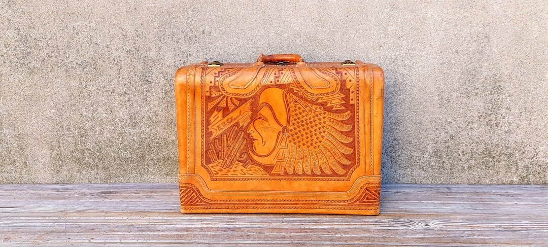Vintage NOS Mexican Hand Tooled and Assembled Leather Suitcase Aztec ...