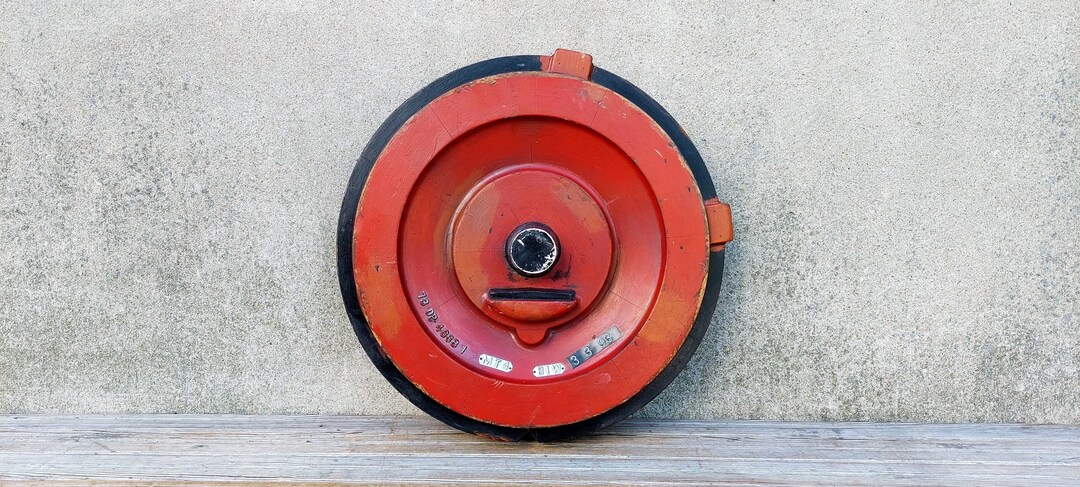 Large Vintage Industrial Pine Round Red Paint Wall Hanging Factory Mold ...