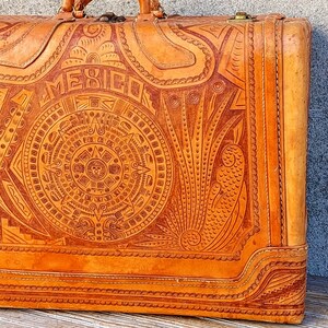 Vintage NOS Mexican Hand Tooled and Assembled Leather Suitcase Aztec ...
