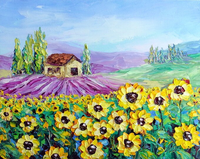 Sunflower Lavender Field Landscape Oil Painting Italy Tuscany Palette