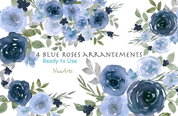 Blue Rose Clipart Watercolor Floral Clip Art Bouquet Border - Etsy