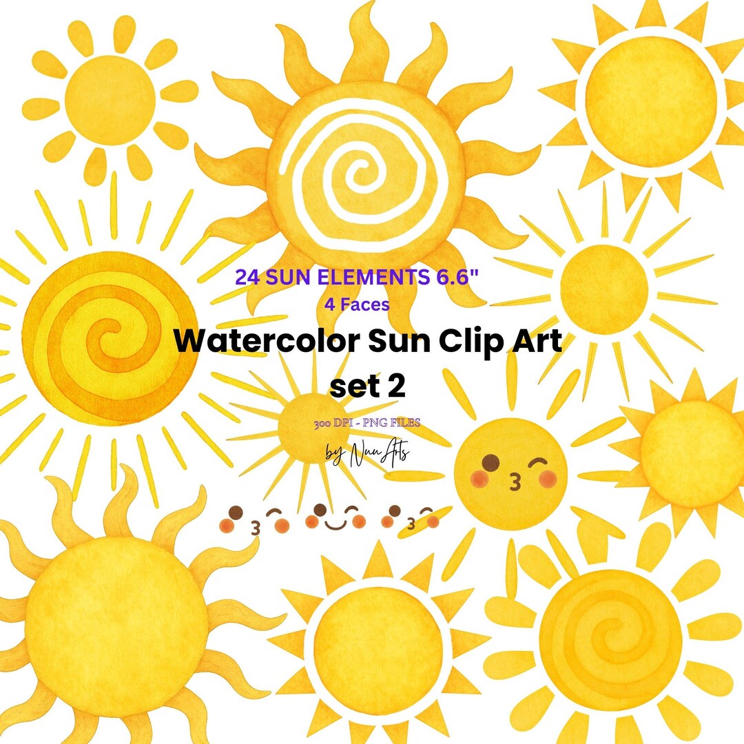Sun Watercolor Clipart Collection 24 Sunshine With DIY Face, Sunny ...