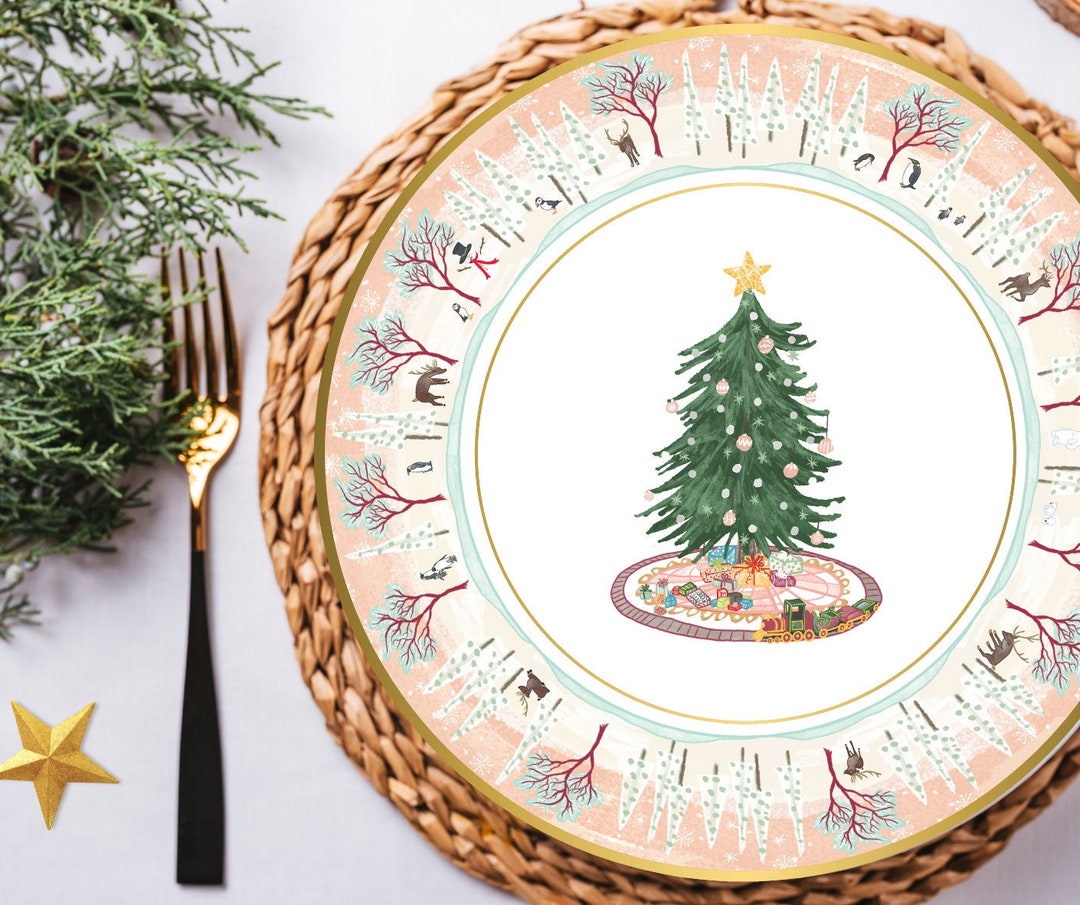 Pastel Christmas Tree Dinner Charger Plate Set |north Pole |christmas ...