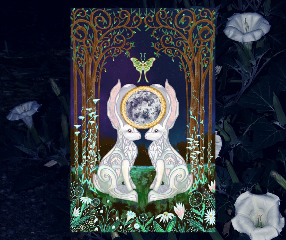 Ostara White Rabbit Luna Moth Full Moon Art Print Pagan Gift | Etsy