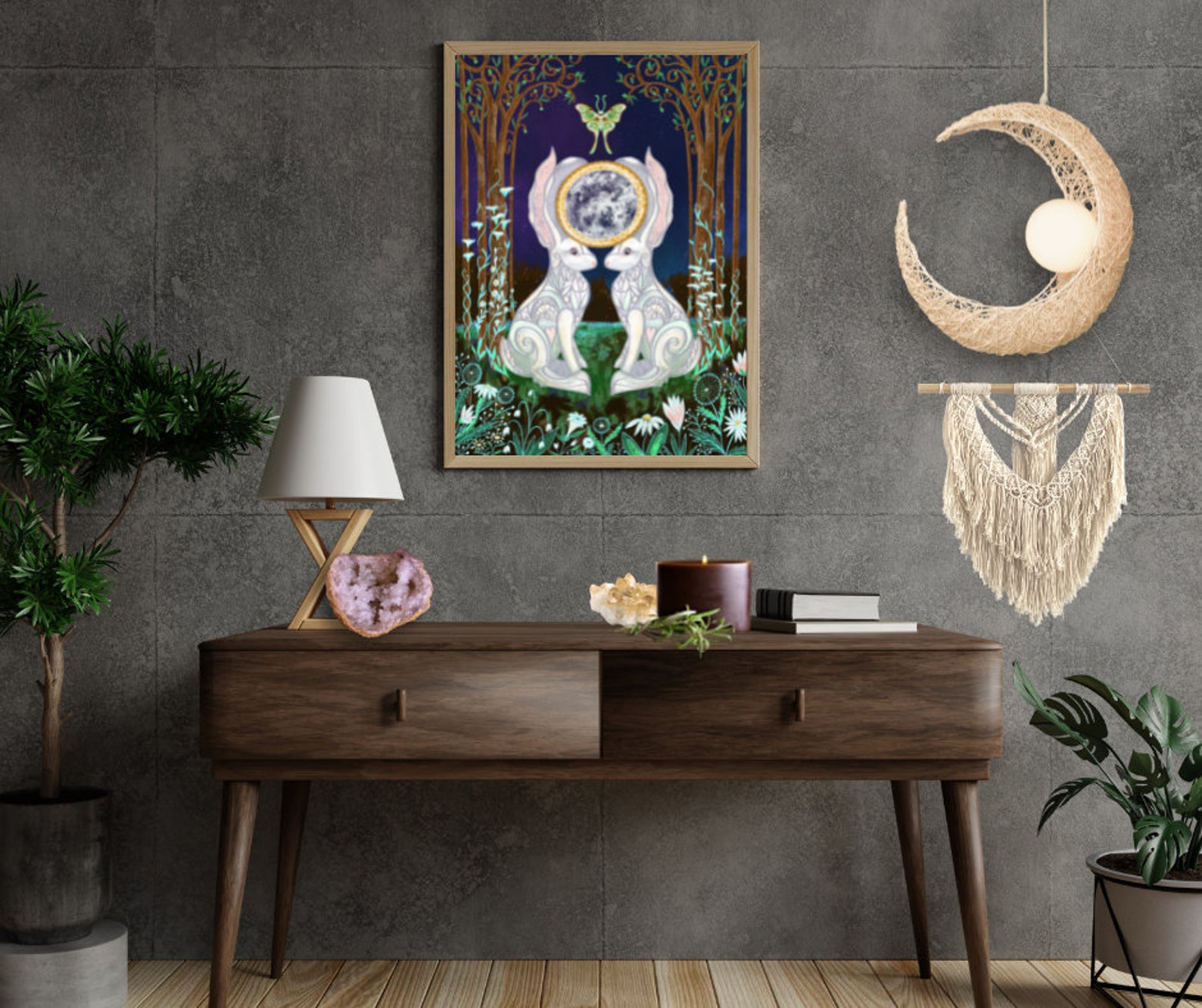 Ostara White Rabbit Luna Moth Full Moon Art Print Pagan Gift | Etsy