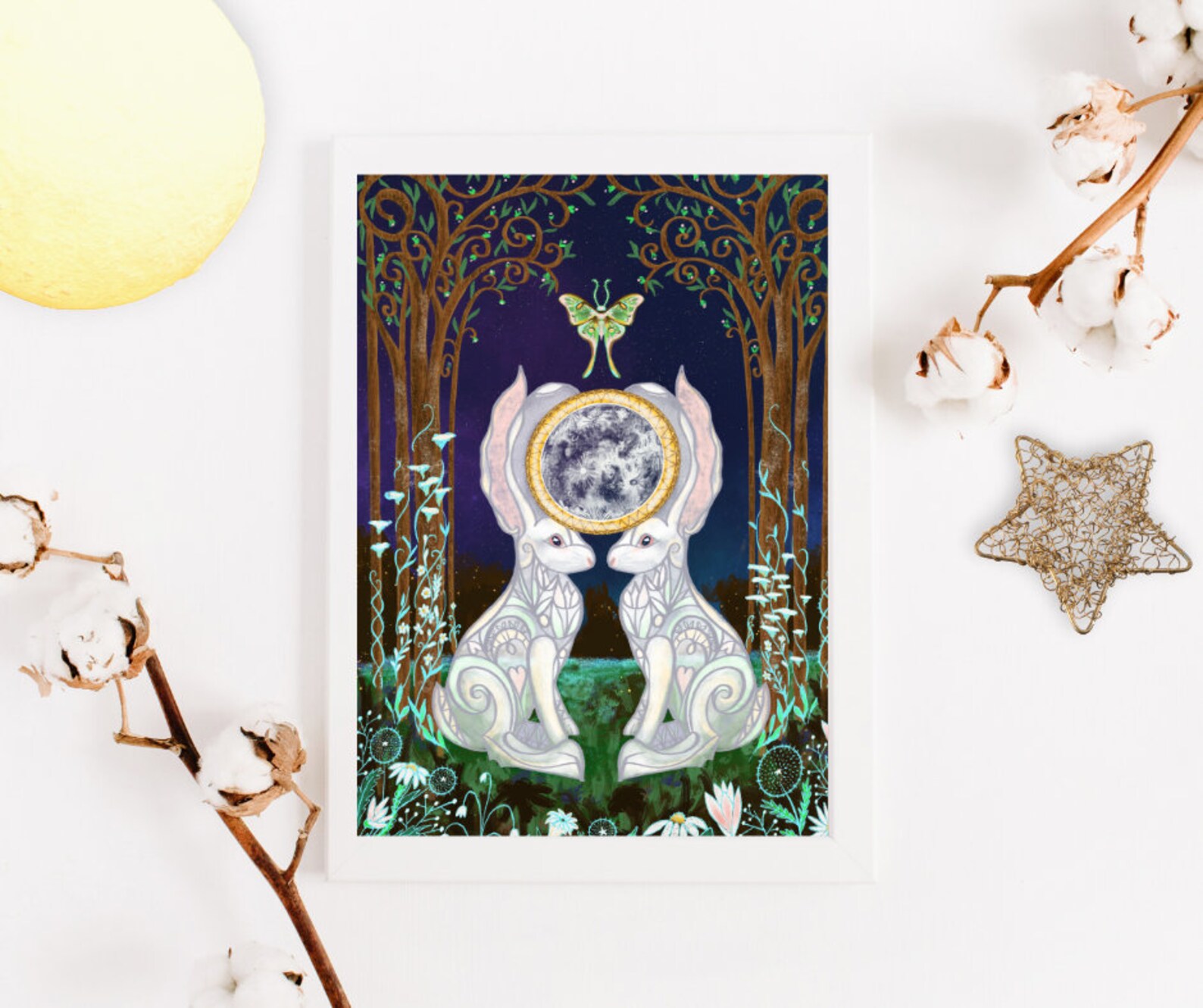 Ostara White Rabbit Luna Moth Full Moon Art Print | Witchy Viking Pagan ...