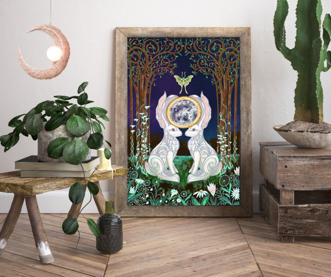 Ostara White Rabbit Luna Moth Full Moon Art Print | Viking Pagan Rabbit ...